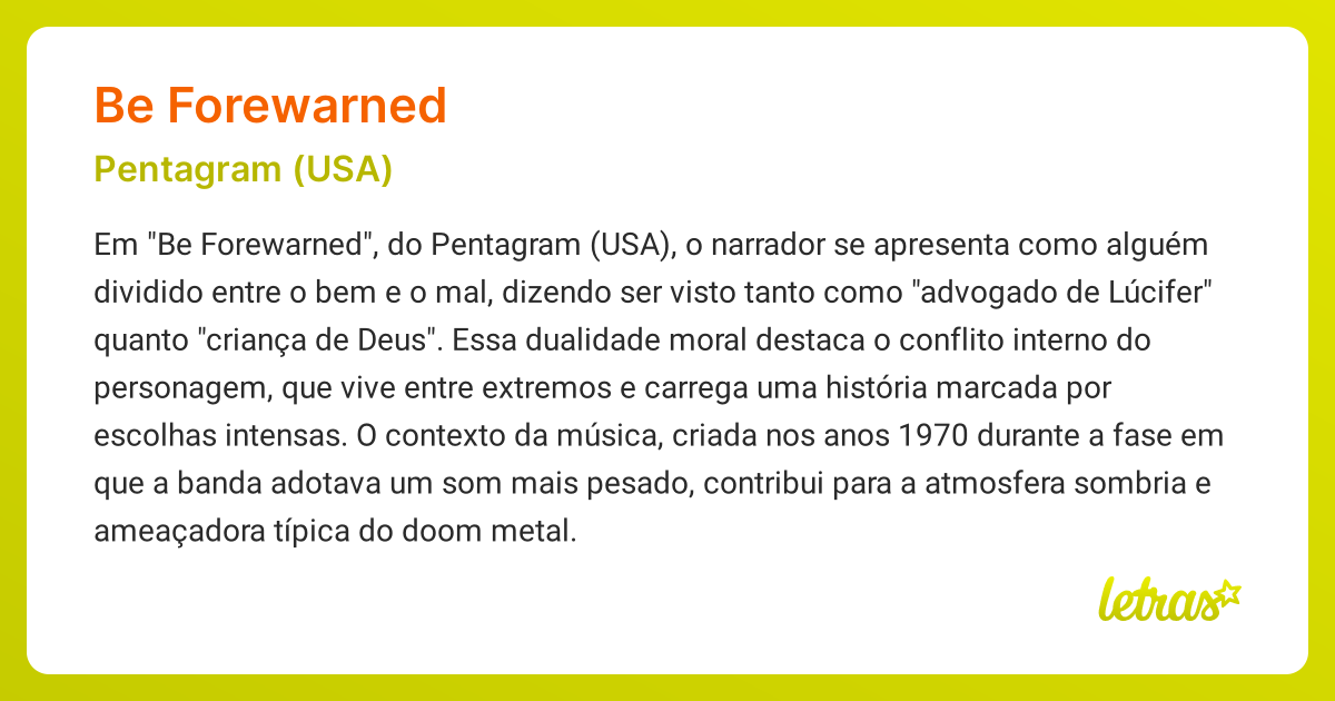 Significado da música BE FOREWARNED (Pentagram (USA)) - LETRAS.MUS.BR