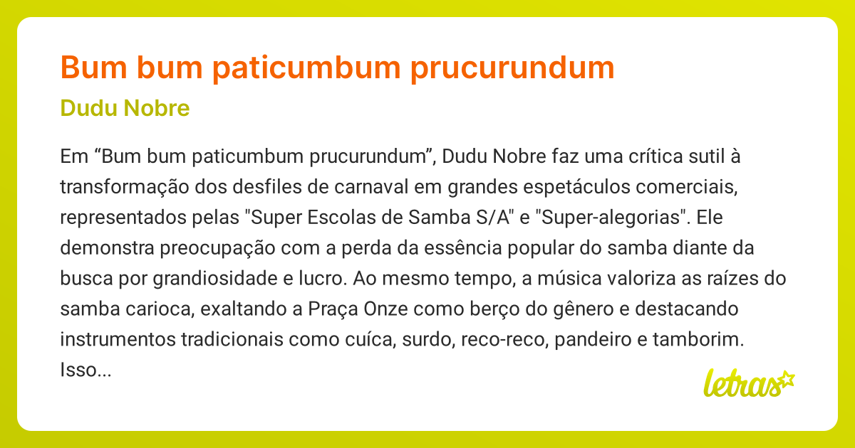 Significado da música BUM BUM PATICUMBUM PRUCURUNDUM (Dudu Nobre ...