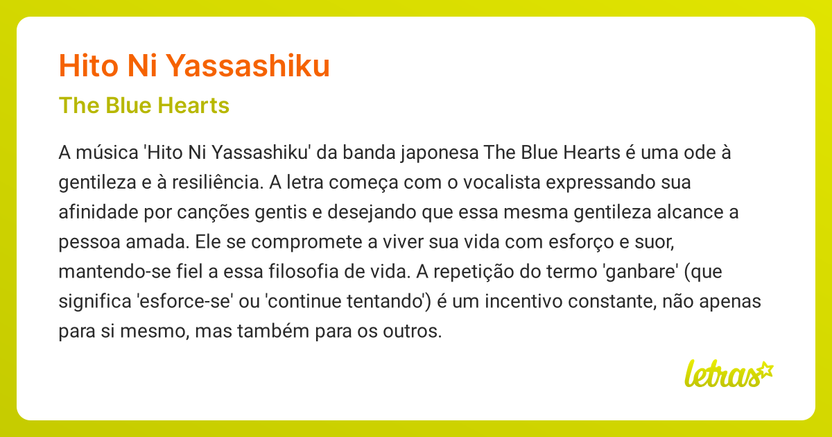 Significado da música HITO NI YASSASHIKU (The Blue Hearts) - LETRAS.MUS.BR