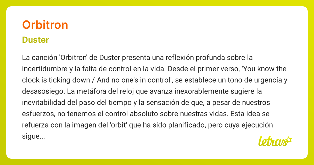 Significado de la canción ORBITRON (Duster) - LETRAS.COM