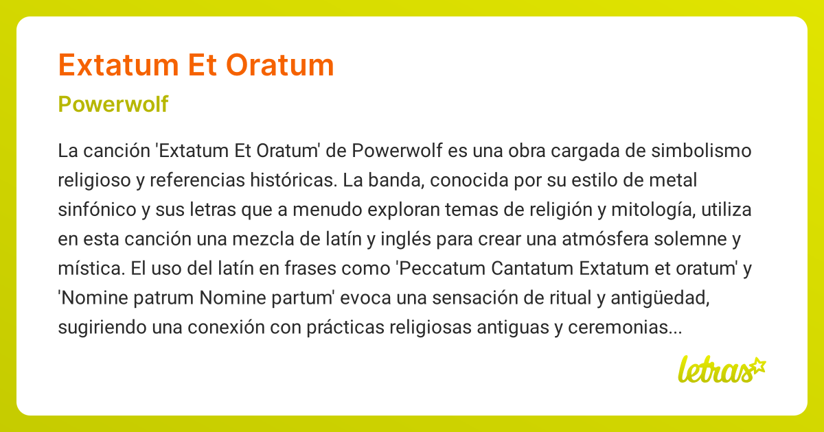 Significado de la canción EXTATUM ET ORATUM (Powerwolf) - LETRAS.COM