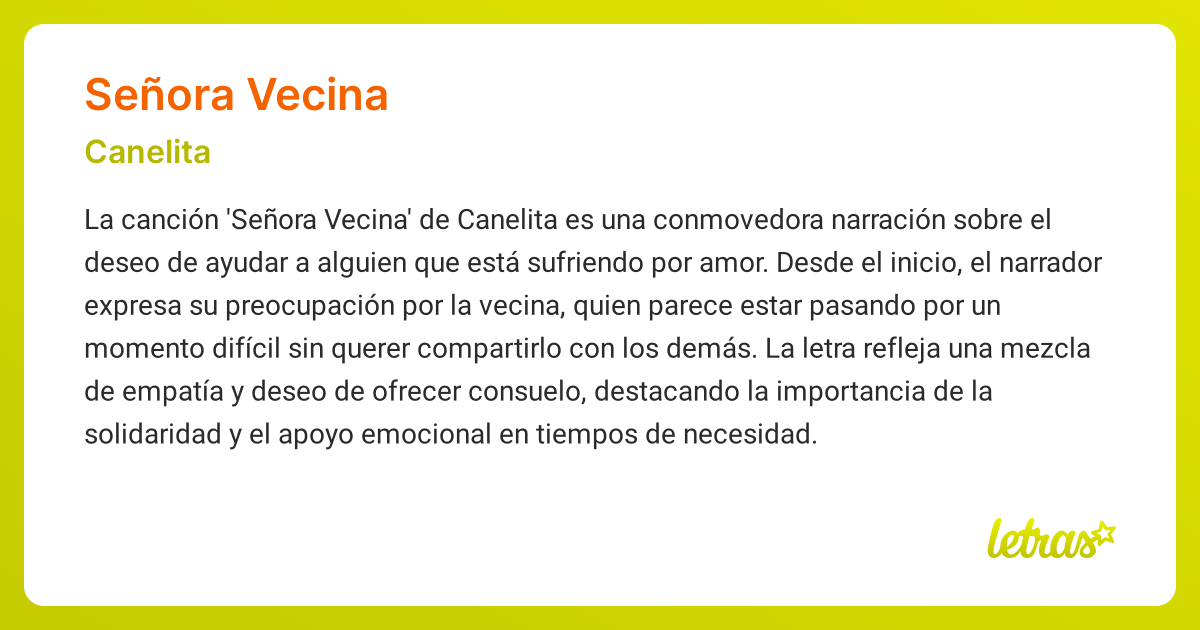 Significado de la canción SEÑORA VECINA (Canelita) - LETRAS.COM
