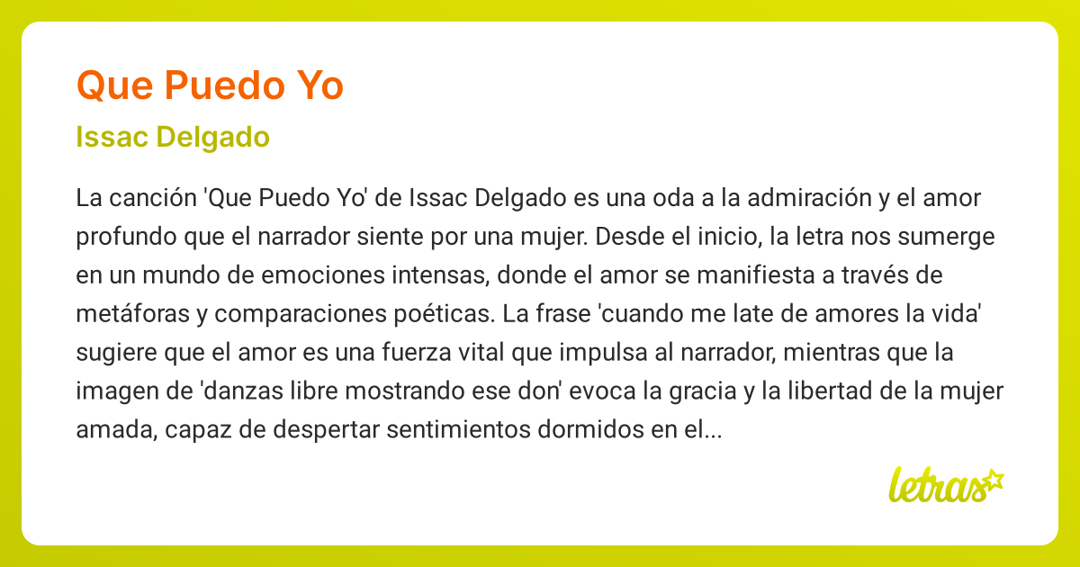 Significado de la canción QUE PUEDO YO (Issac Delgado) - LETRAS.COM
