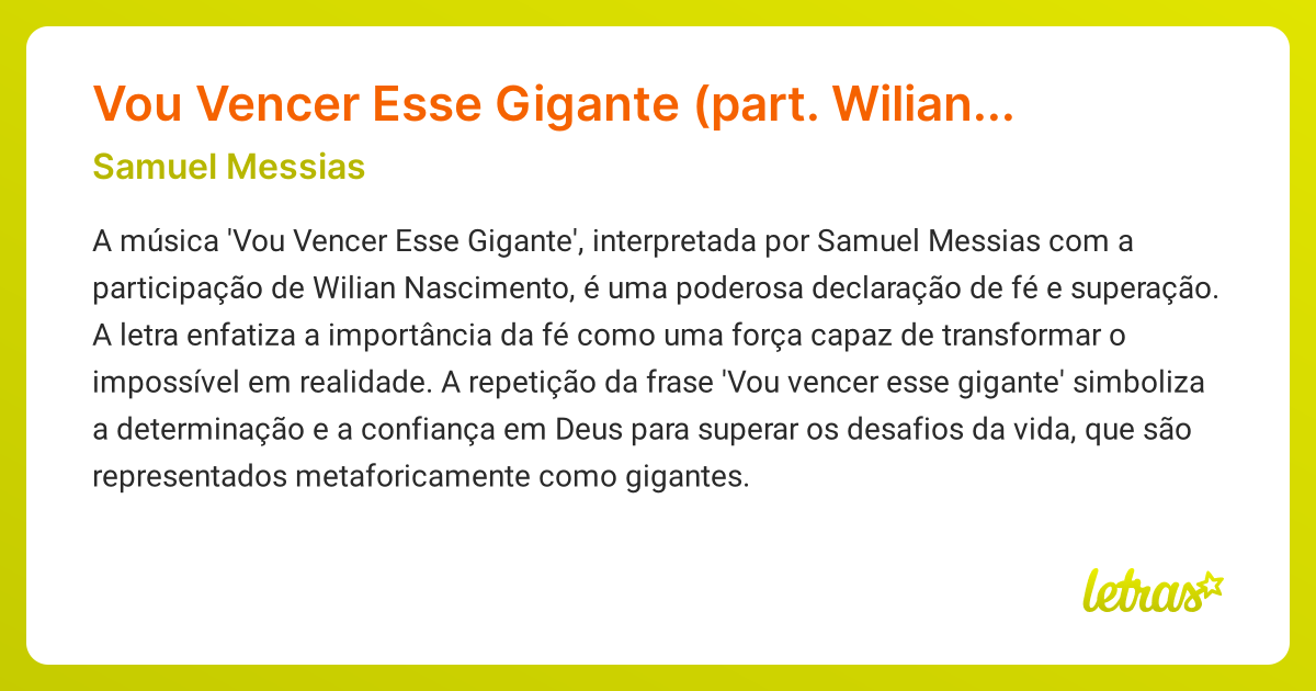 Significado da música Vou Vencer Esse Gigante (part. Wilian Nascimento ...