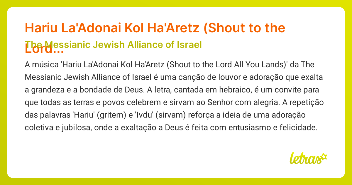 Significado da música Hariu La'Adonai Kol Ha'Aretz (Shout to the Lord ...