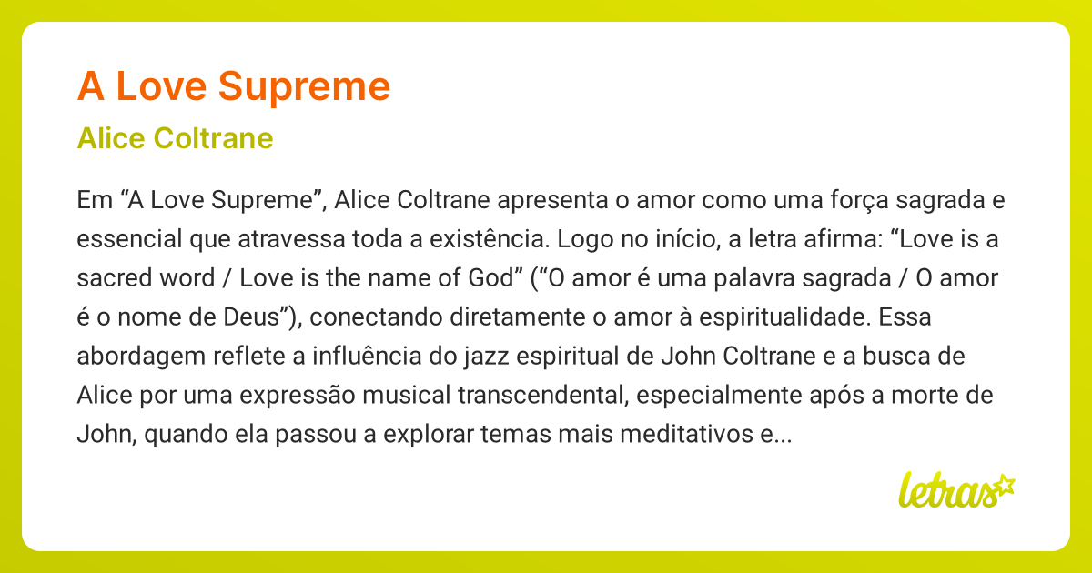Significado da música A LOVE SUPREME (Alice Coltrane) - LETRAS.MUS.BR