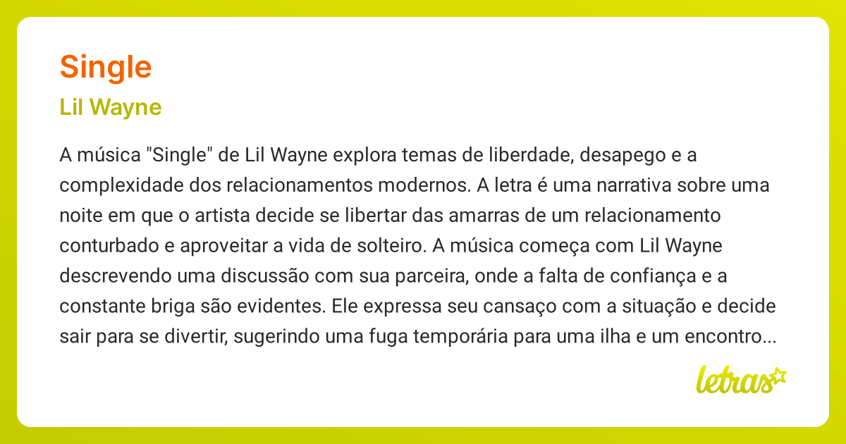 Significado da música SINGLE (Lil Wayne) - LETRAS.MUS.BR