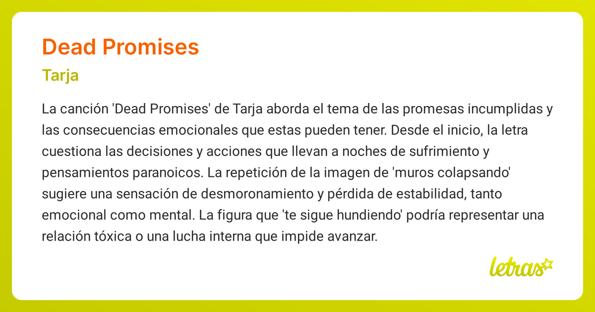 Significado de la canción DEAD PROMISES (Tarja) - LETRAS.COM