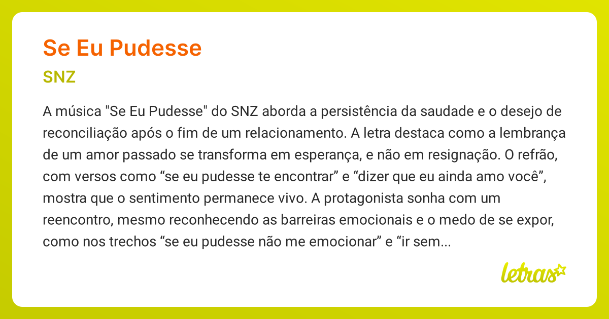 Significado da música SE EU PUDESSE (SNZ) - LETRAS.MUS.BR