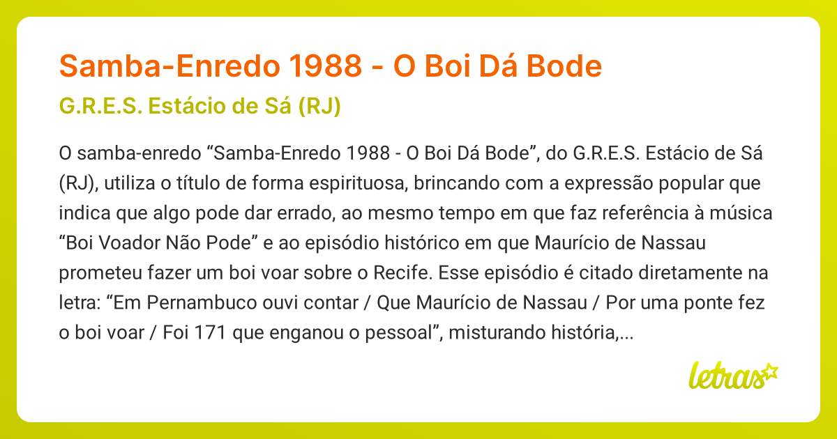 Significado da música Samba-Enredo 1988 - O Boi Dá Bode (G.R.E.S ...