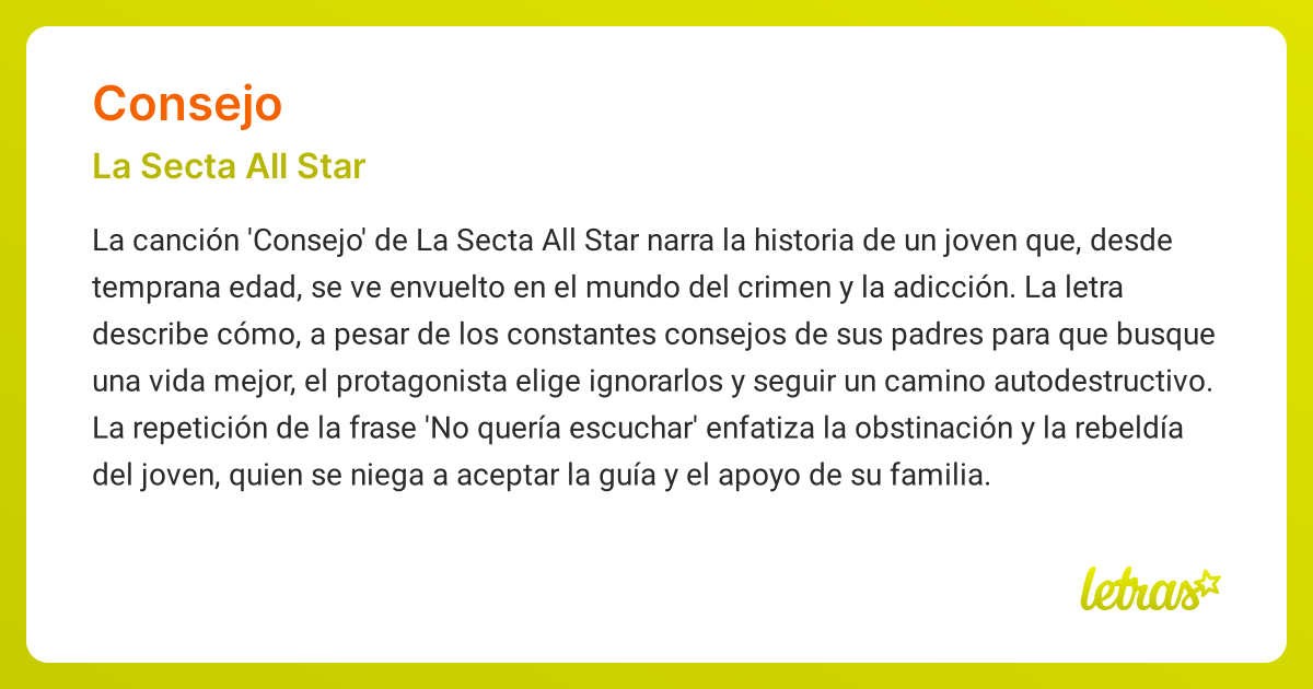 Significado de la canción CONSEJO (La Secta All Star) - LETRAS.COM