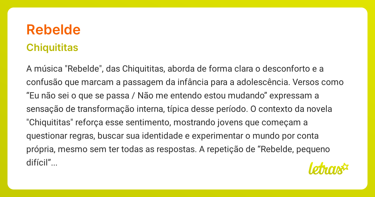 Significado da música REBELDE (Chiquititas) - LETRAS.MUS.BR
