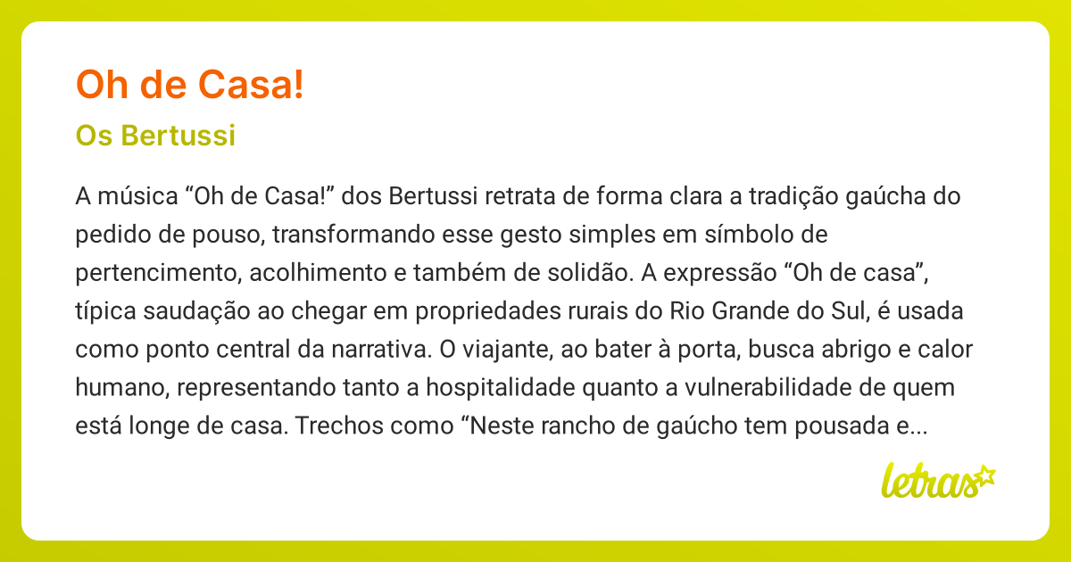 Significado da música OH DE CASA! (Os Bertussi) - LETRAS.MUS.BR