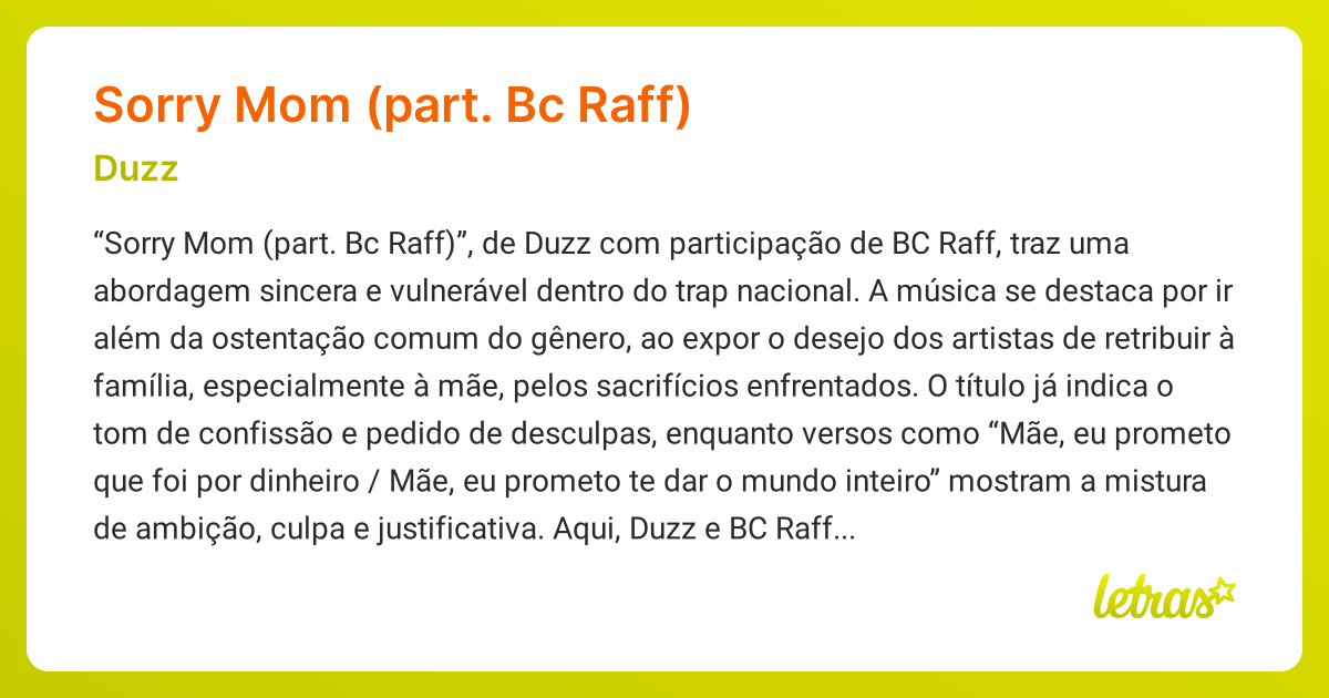 Significado da música SORRY MOM (PART. BC RAFF) (Duzz) - LETRAS.MUS.BR