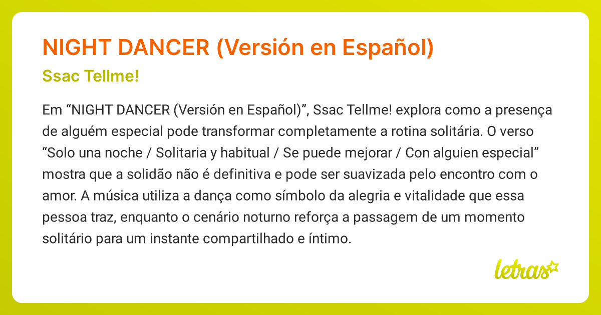 Significado da música NIGHT DANCER (Versión en Español) (Ssac Tellme ...