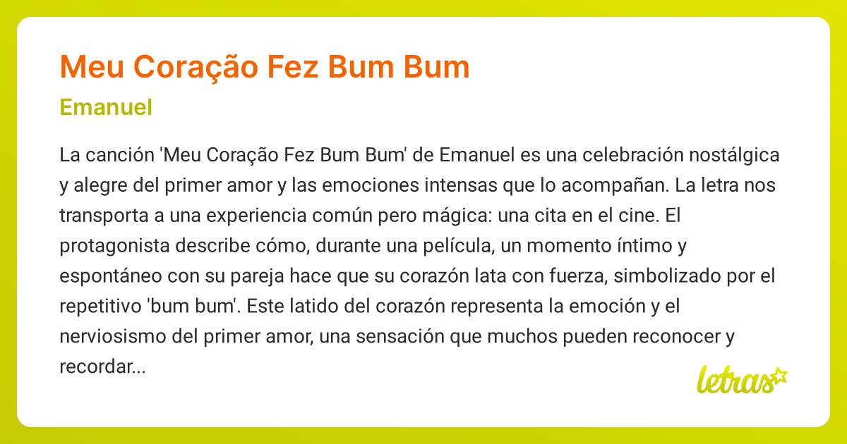 Significado de la canción MEU CORAÇÃO FEZ BUM BUM (Emanuel) - LETRAS.COM