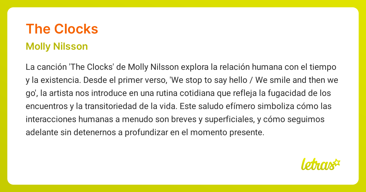 Significado de la canción THE CLOCKS (Molly Nilsson) - LETRAS.COM