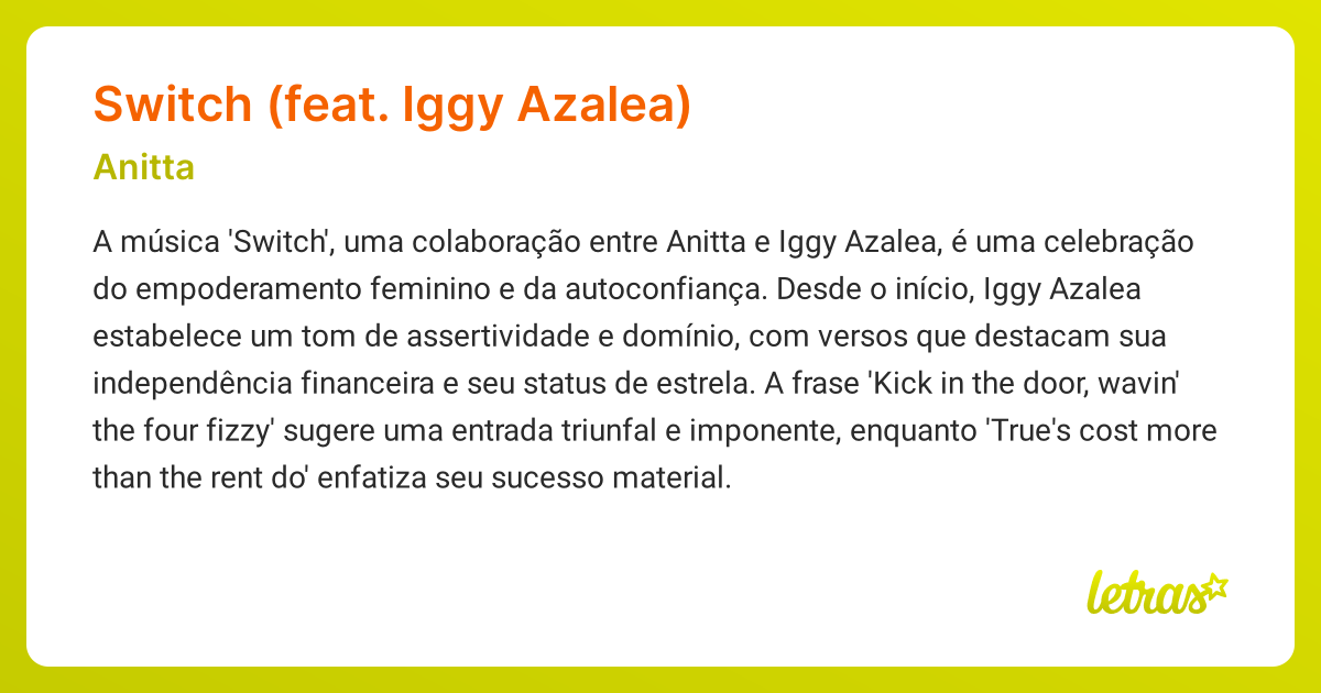 Significado da música SWITCH (FEAT. IGGY AZALEA) (Anitta) - LETRAS.MUS.BR