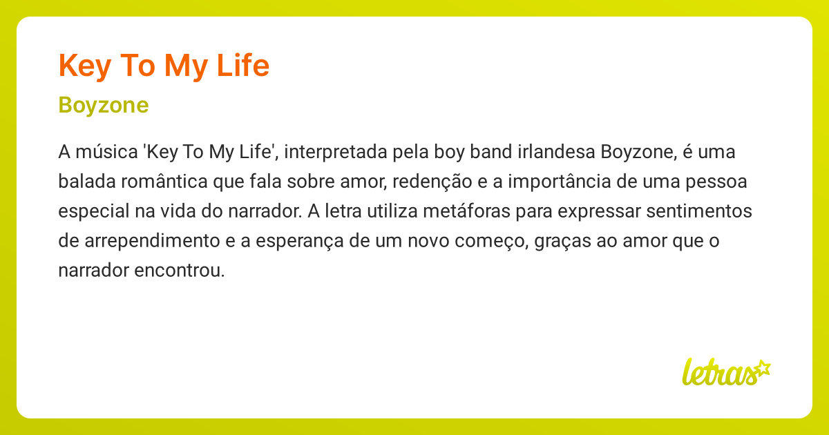 Significado da música KEY TO MY LIFE (Boyzone) - LETRAS.MUS.BR