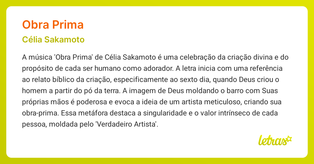 Significado da música OBRA PRIMA (Célia Sakamoto) - LETRAS.MUS.BR