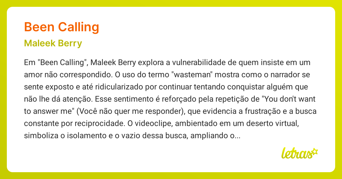 Significado da música BEEN CALLING (Maleek Berry) - LETRAS.MUS.BR