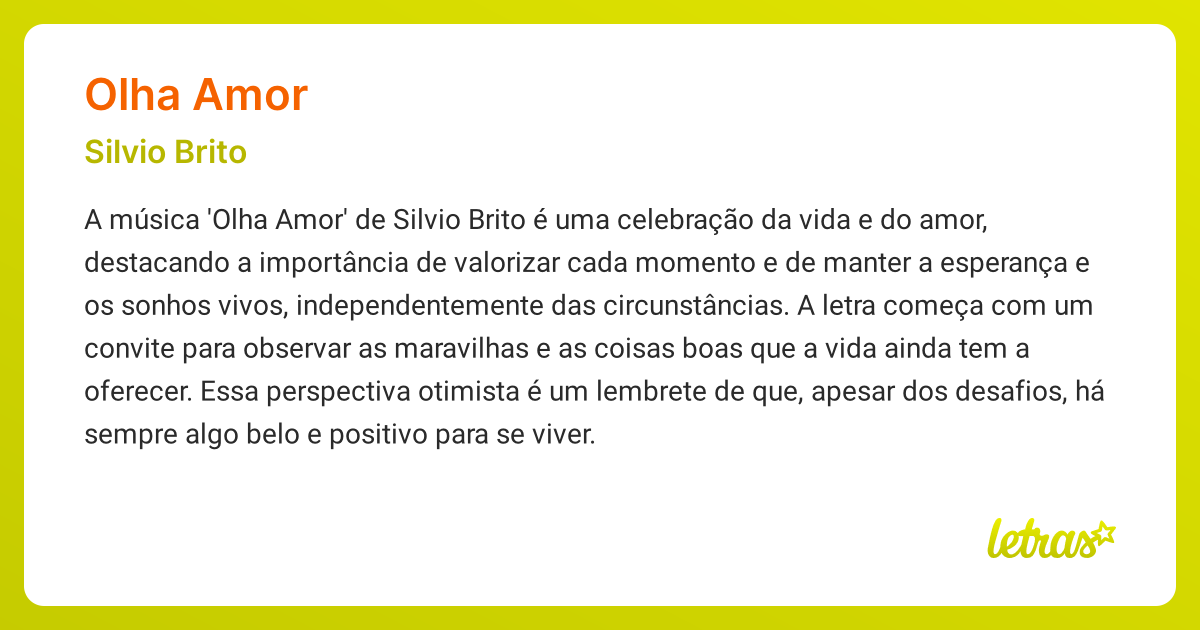 Significado da música OLHA AMOR (Silvio Brito) - LETRAS.MUS.BR
