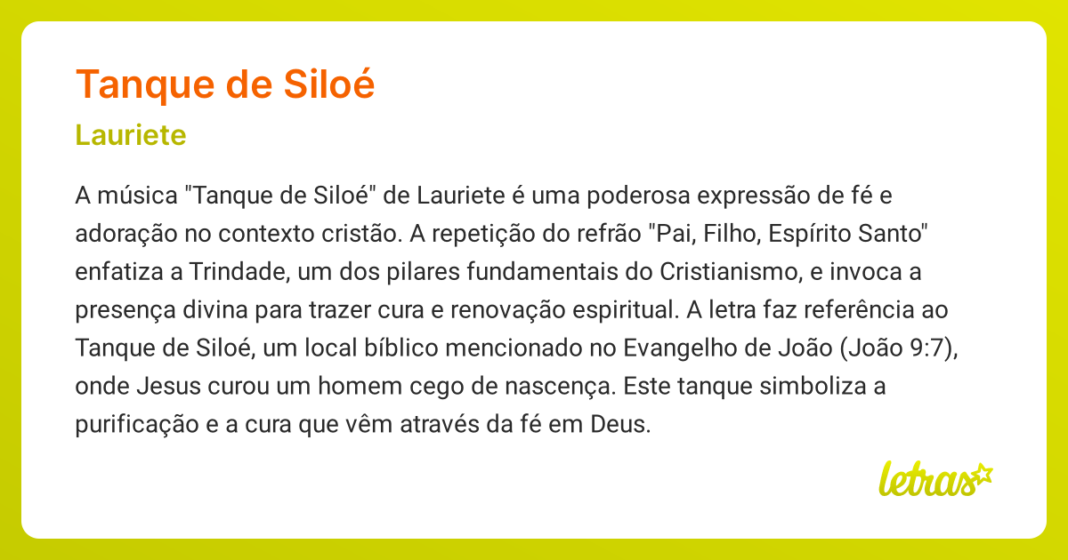 Significado da música TANQUE DE SILOÉ (Lauriete) - LETRAS.MUS.BR