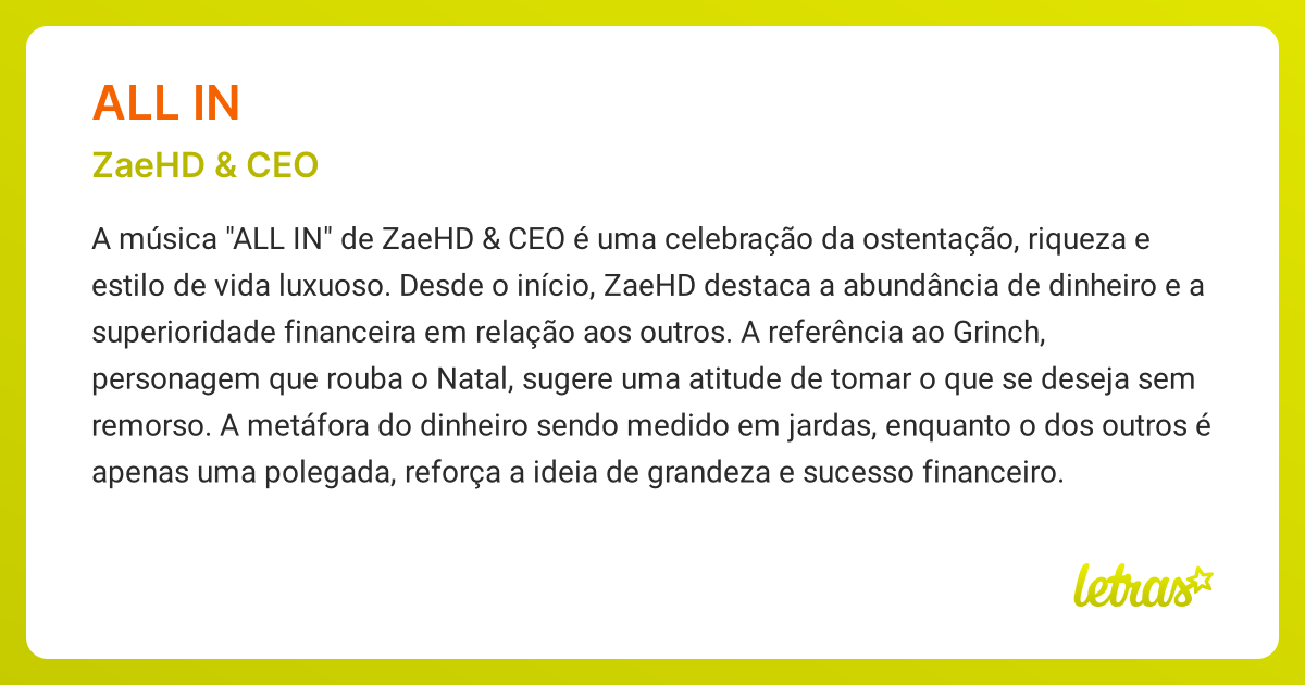 Significado da música ALL IN (ZaeHD & CEO) - LETRAS.MUS.BR