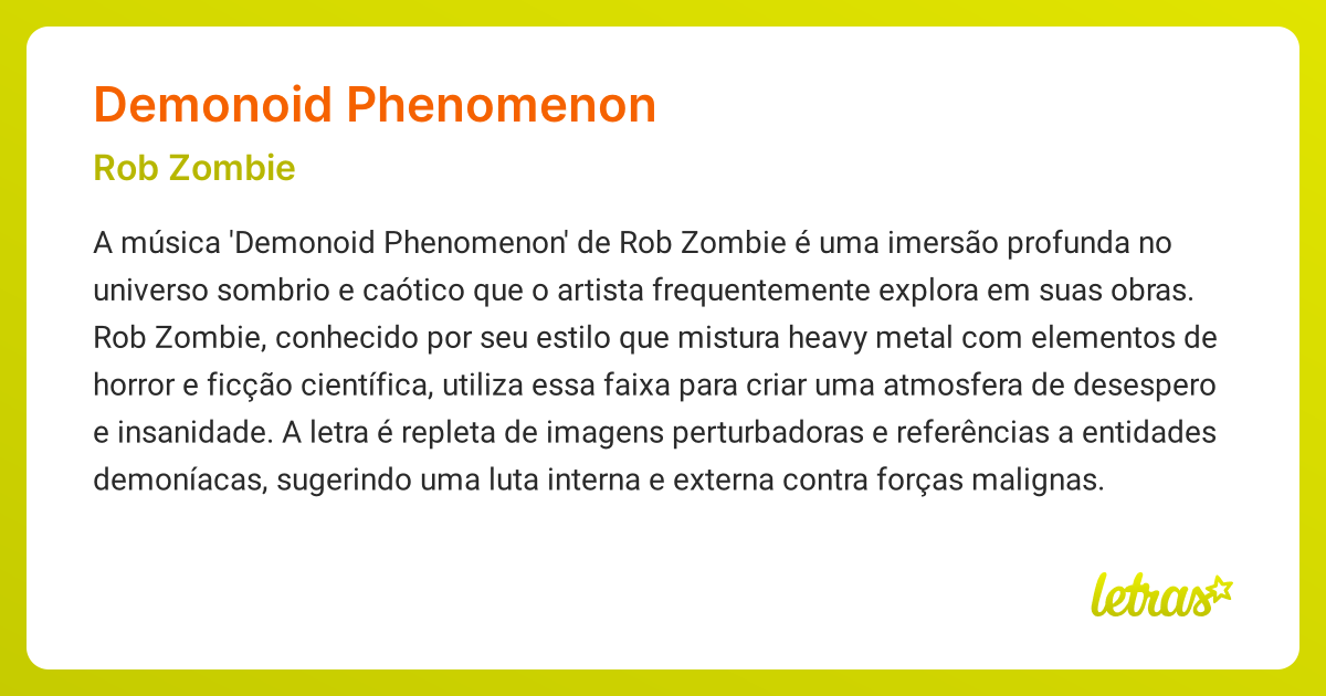 Significado da música DEMONOID PHENOMENON (Rob Zombie) - LETRAS.MUS.BR