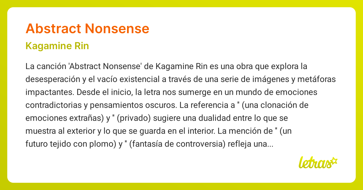 Significado de la canción ABSTRACT NONSENSE (Kagamine Rin) - LETRAS.COM