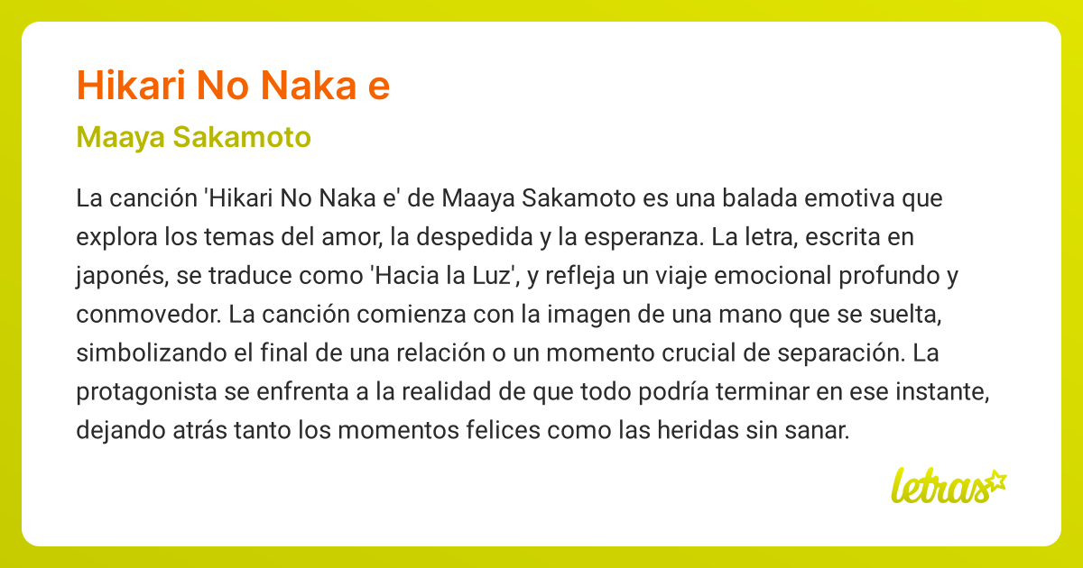 Significado de la canción HIKARI NO NAKA E (Maaya Sakamoto) - LETRAS.COM