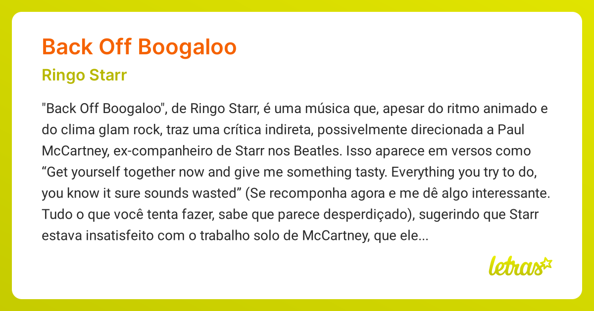 Significado da música BACK OFF BOOGALOO (Ringo Starr) - LETRAS.MUS.BR