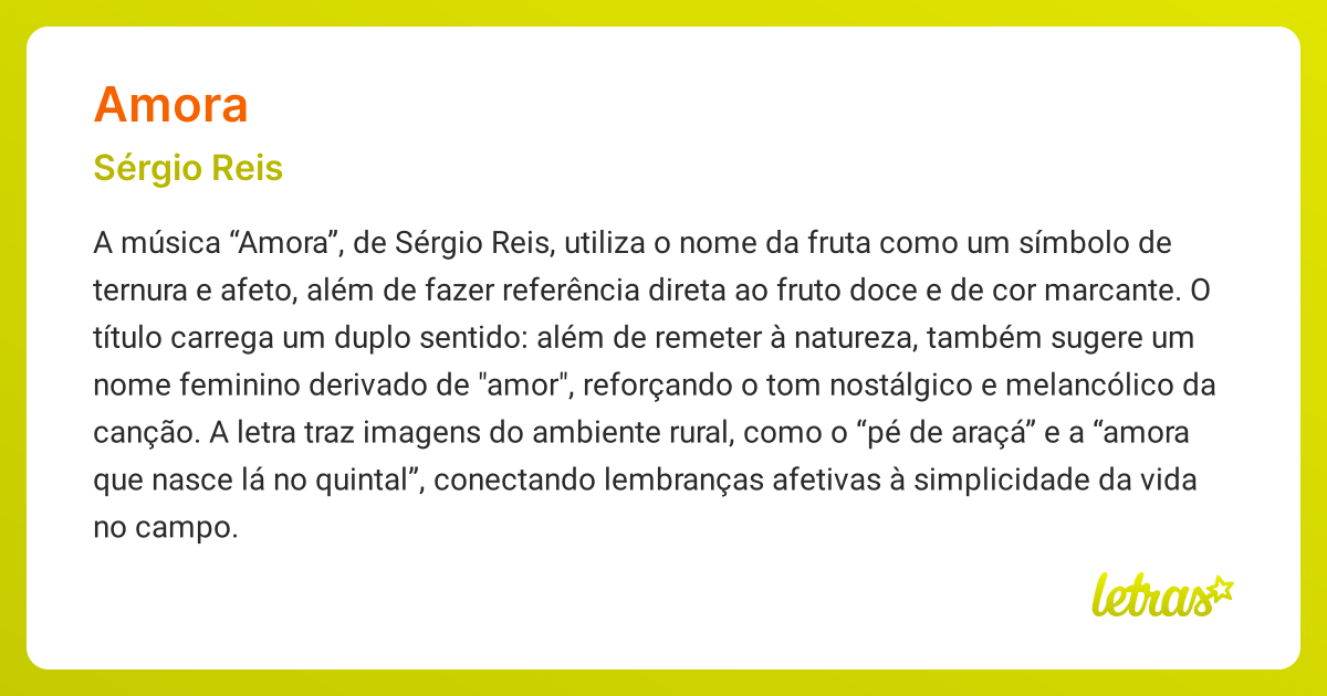 Significado da música AMORA (Sérgio Reis) - LETRAS.MUS.BR