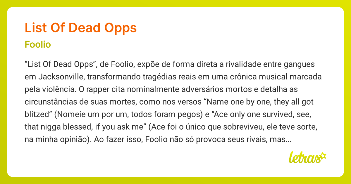 Significado da música LIST OF DEAD OPPS (Foolio) - LETRAS.MUS.BR
