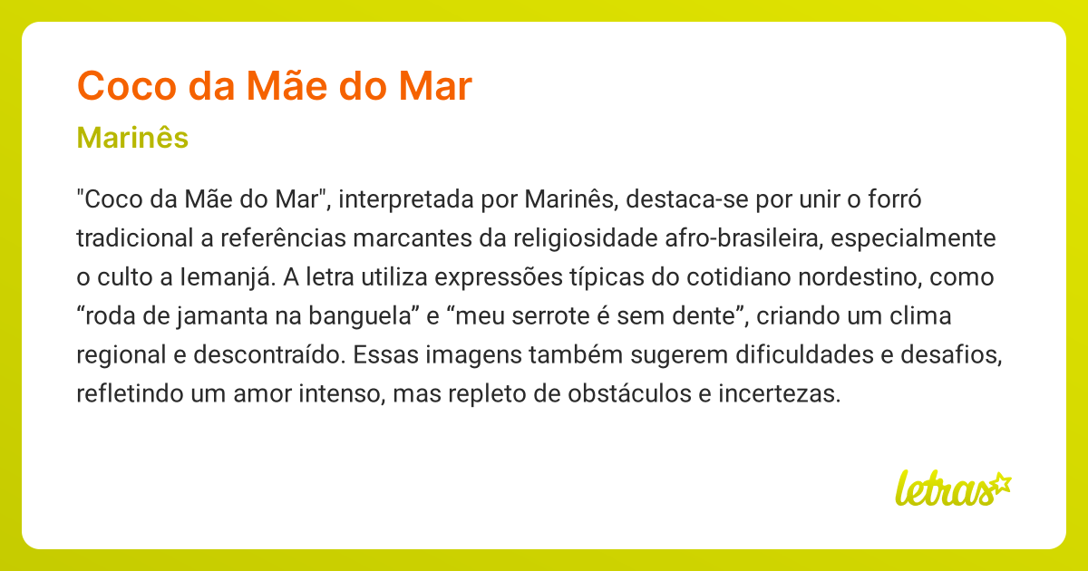 Significado da música COCO DA MÃE DO MAR (Marinês) - LETRAS.MUS.BR