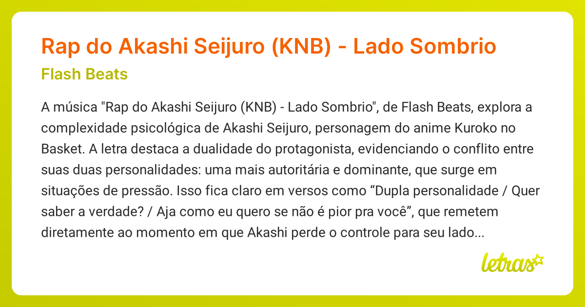 Significado da música Rap do Akashi Seijuro (KNB) - Lado Sombrio (Flash ...