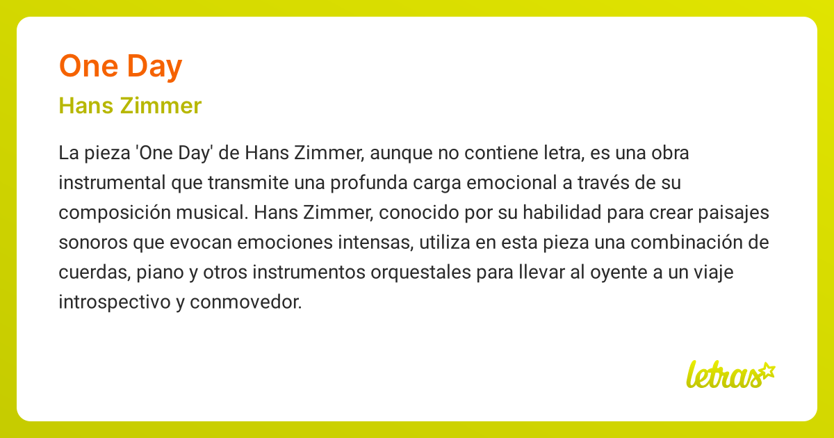 Significado de la canción ONE DAY (Hans Zimmer) - LETRAS.COM