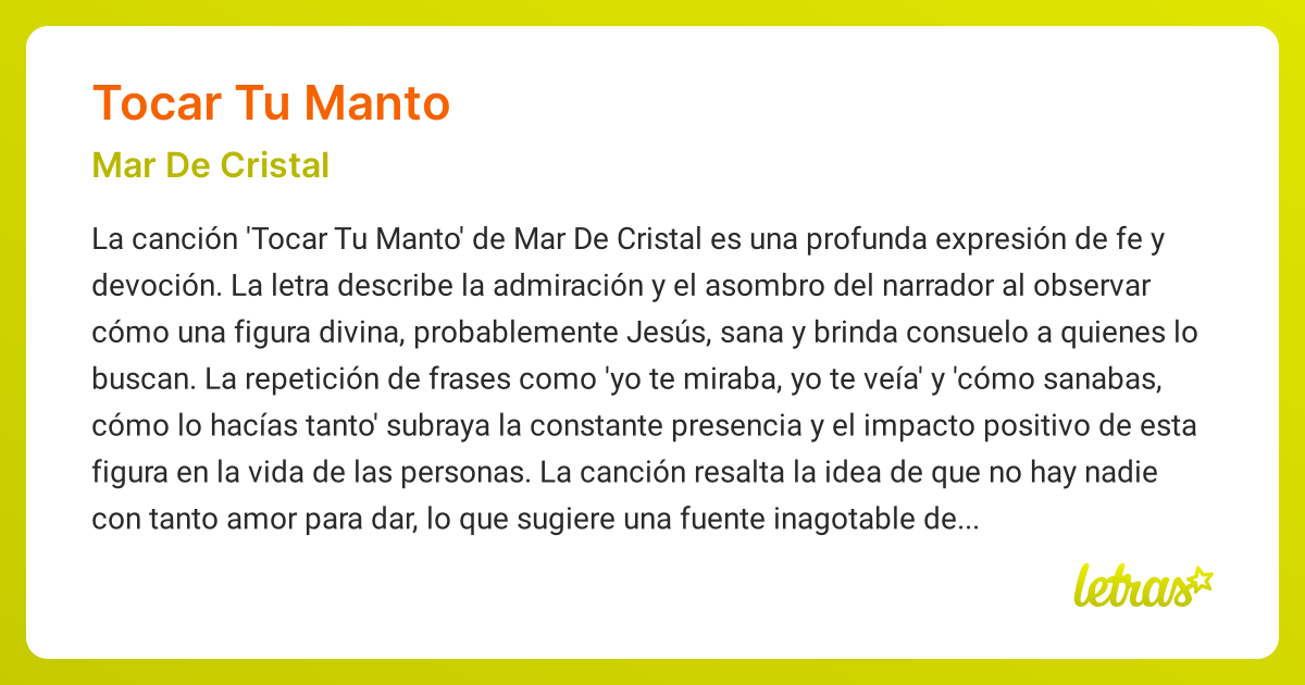 Significado de la canción TOCAR TU MANTO (Mar De Cristal) - LETRAS.COM