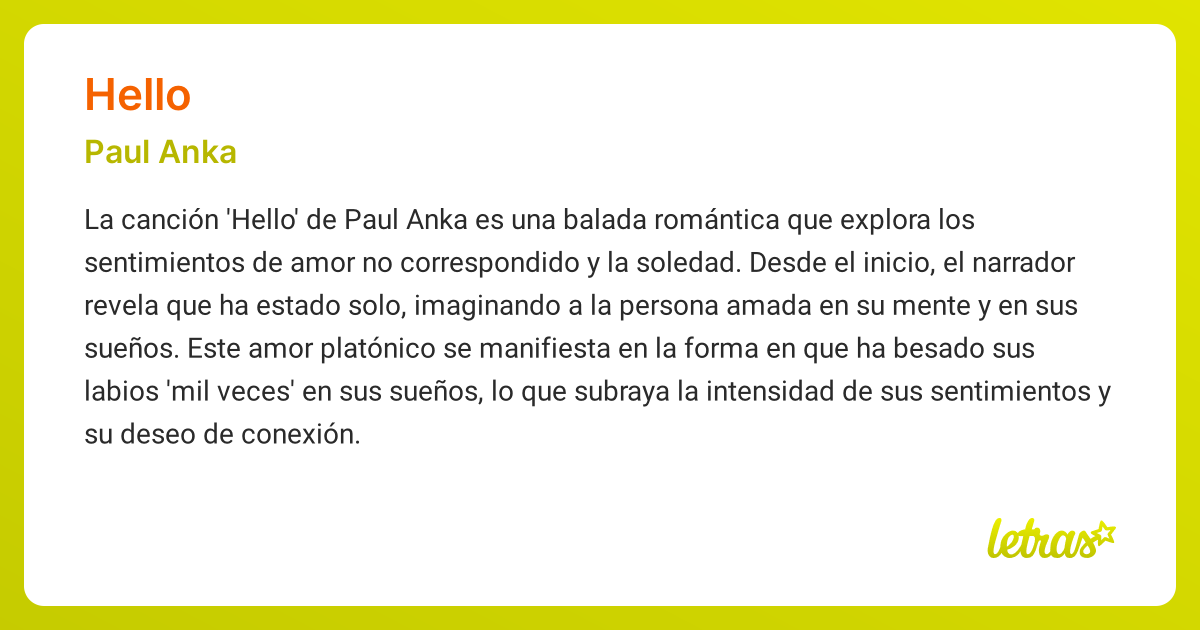 Significado de la canción HELLO (Paul Anka) - LETRAS.COM
