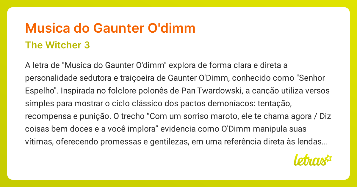 Significado da música MUSICA DO GAUNTER O'DIMM (The Witcher 3) - LETRAS ...