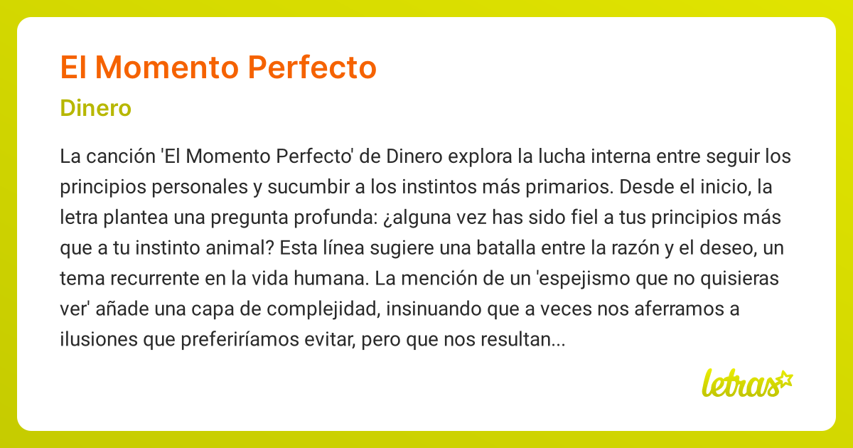 Significado de la canción EL MOMENTO PERFECTO (Dinero) - LETRAS.COM