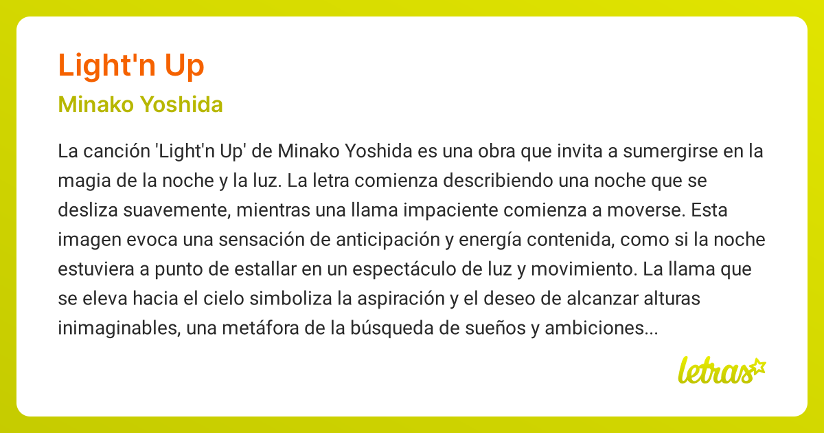 Significado de la canción LIGHT'N UP (Minako Yoshida) - LETRAS.COM