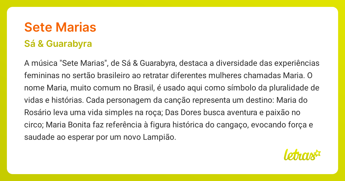 Significado da música SETE MARIAS (Sá & Guarabyra) - LETRAS.MUS.BR