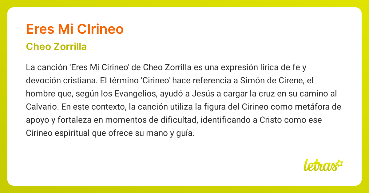 Significado de la canción ERES MI CIRINEO (Cheo Zorrilla) - LETRAS.COM