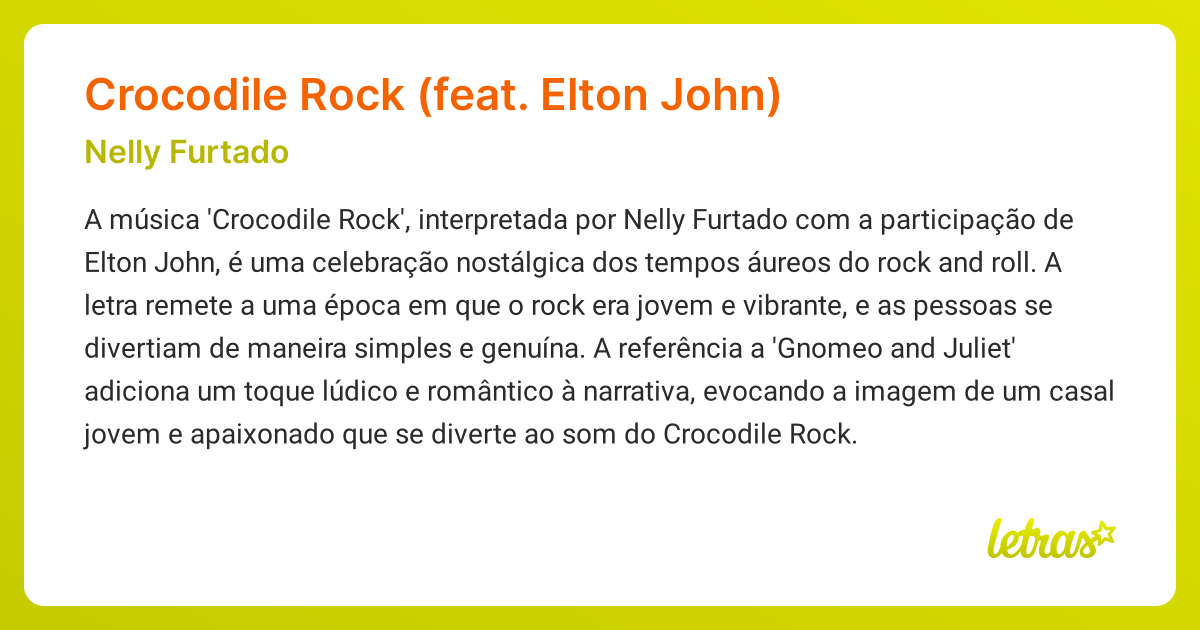 Significado da música Crocodile Rock (feat. Elton John) (Nelly Furtado ...