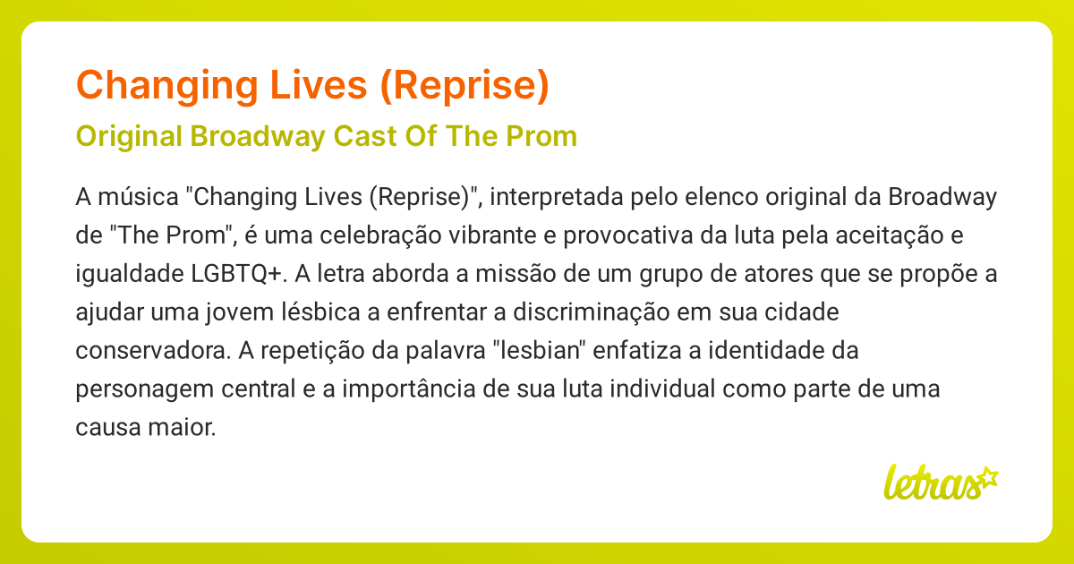 Significado da música CHANGING LIVES (REPRISE) (Original Broadway Cast ...