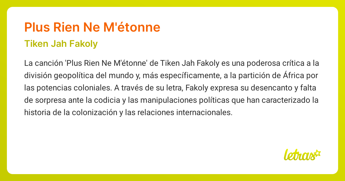 Significado de la canción PLUS RIEN NE M'ÉTONNE (Tiken Jah Fakoly ...