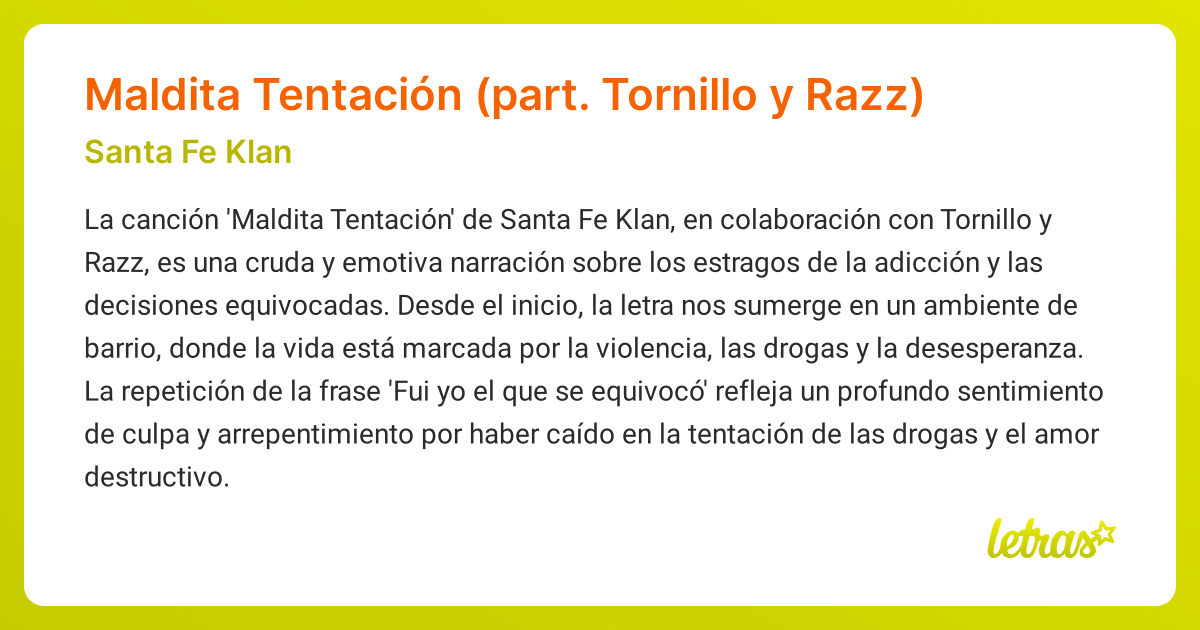 Significado de la canción Maldita Tentación (part. Tornillo y Razz ...
