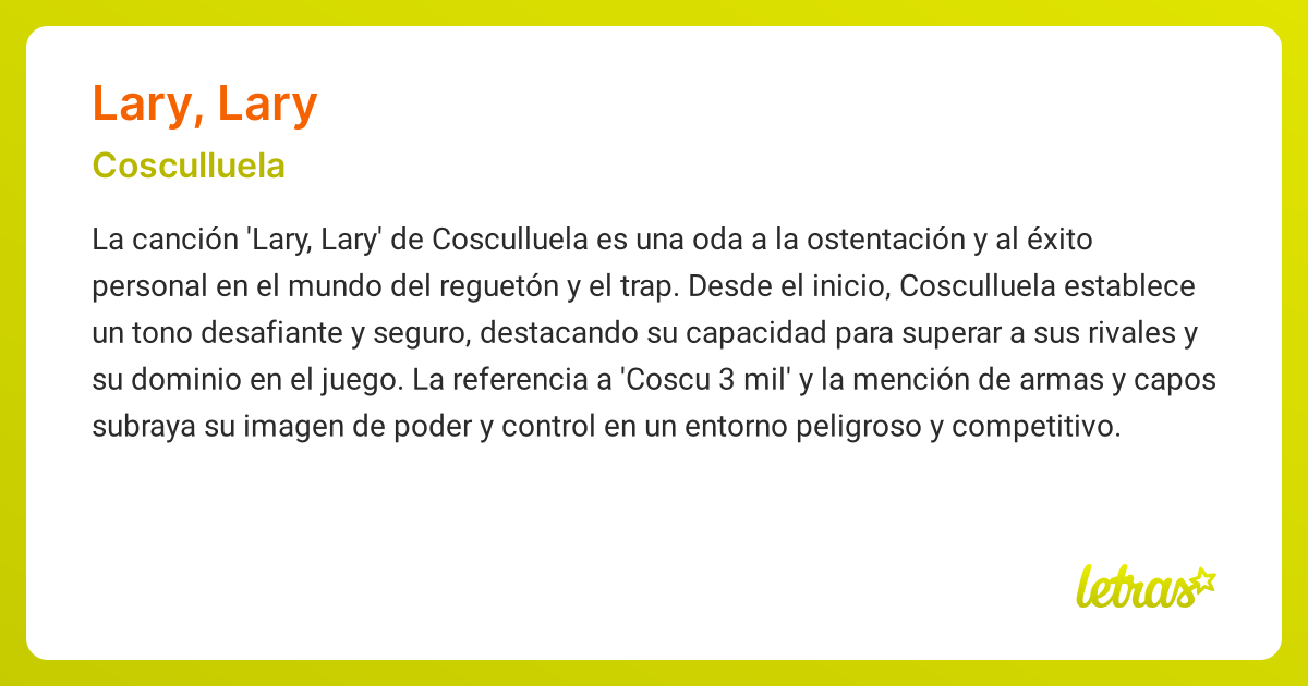 Significado de la canción LARY, LARY (Cosculluela) - LETRAS.COM