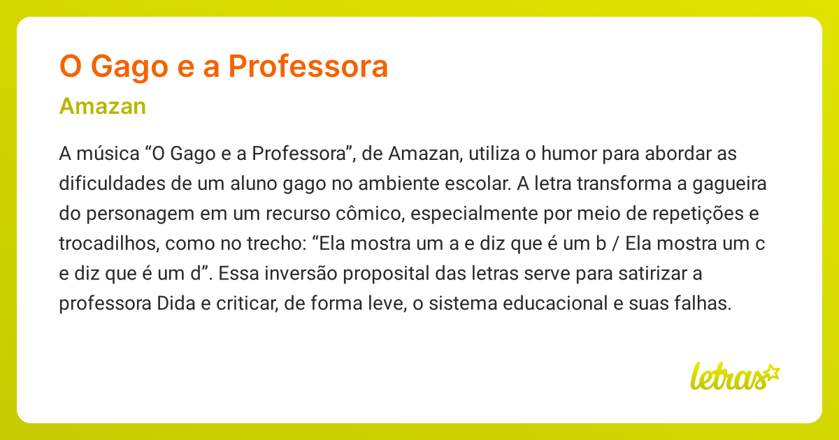 Significado da música O GAGO E A PROFESSORA (Amazan) - LETRAS.MUS.BR